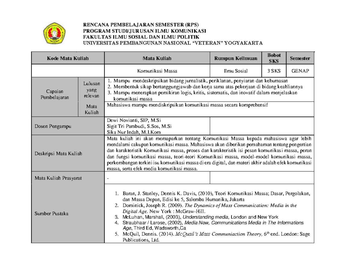 Study Guide Komunikasi Massa 08032021 REV - RENCANA PEMBELAJARAN ...