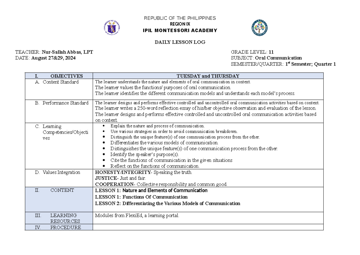 ORAL COM DLL WEEK 4 EXAM WEEK - REPUBLIC OF THE PHILIPPINES REGION IX ...
