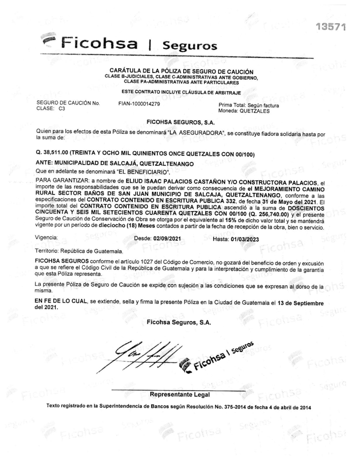 Cauciones - 13571 Ficohsa Seguros CARÁTULA DE LA PÓLIZA DE SEGURO DE ...