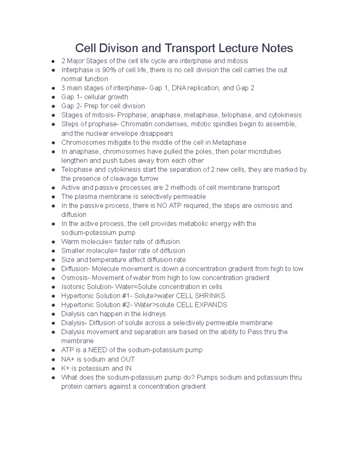 Notes on Cell Division and Transport - Cell Divison and Transport ...