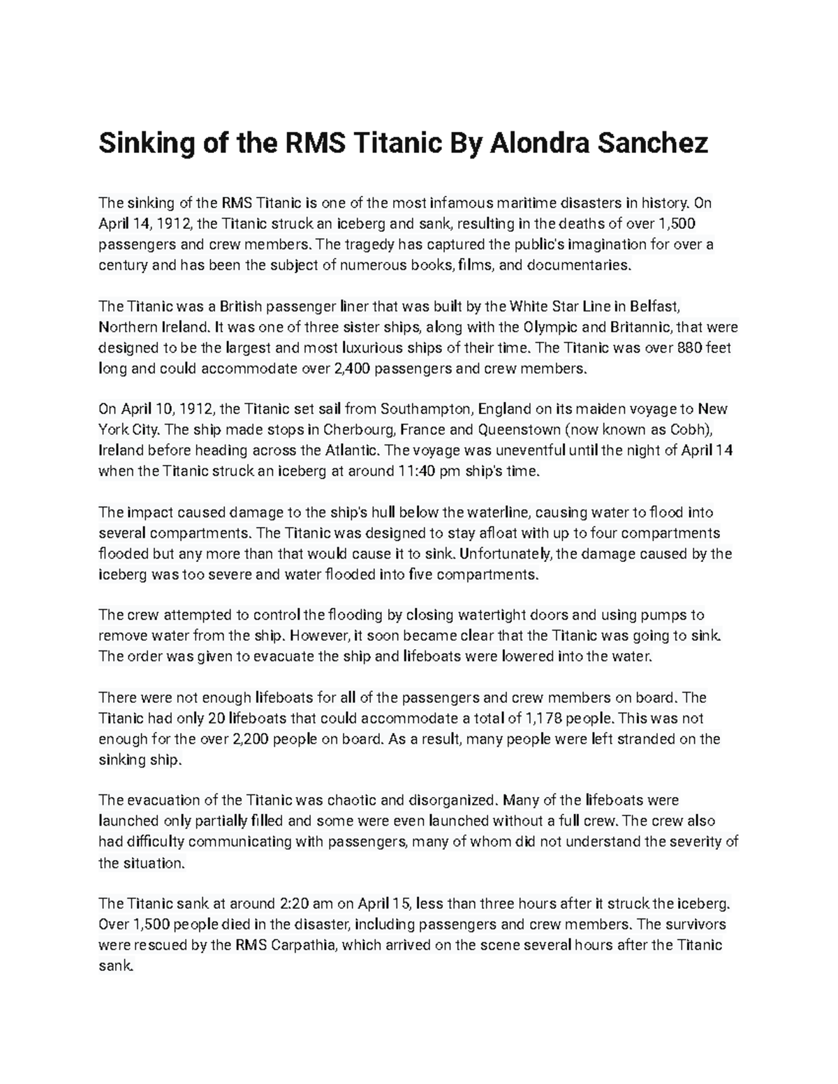 Sinking of the RMS Titanic Essay - On April 14, 1912, the Titanic ...