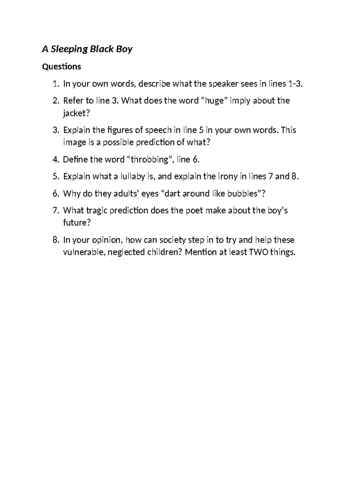 Term 1 Poem Questions - Poetry - A Sleeping Black Boy Questions 1. In ...
