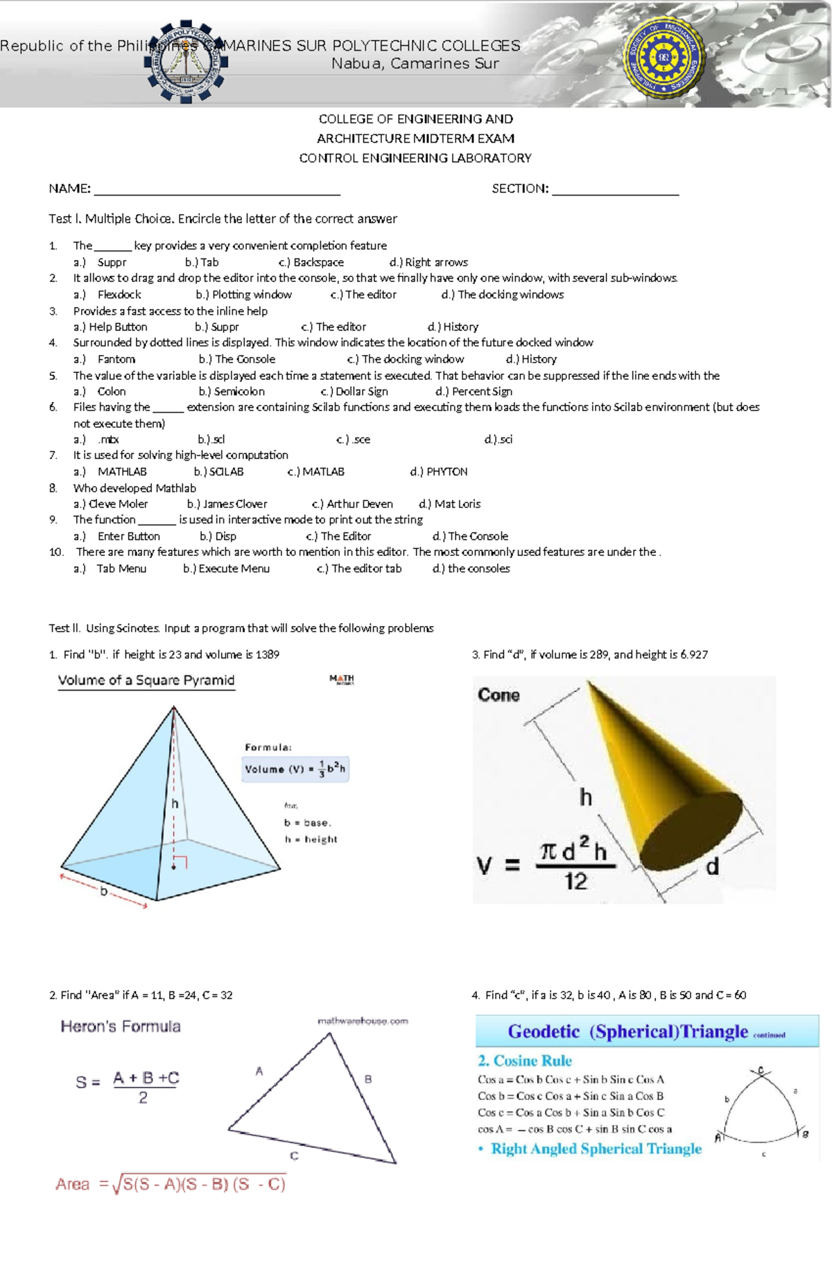 Midterm Lab Control Eng Problems College Of Engineering And Architecture Midterm Exam Control