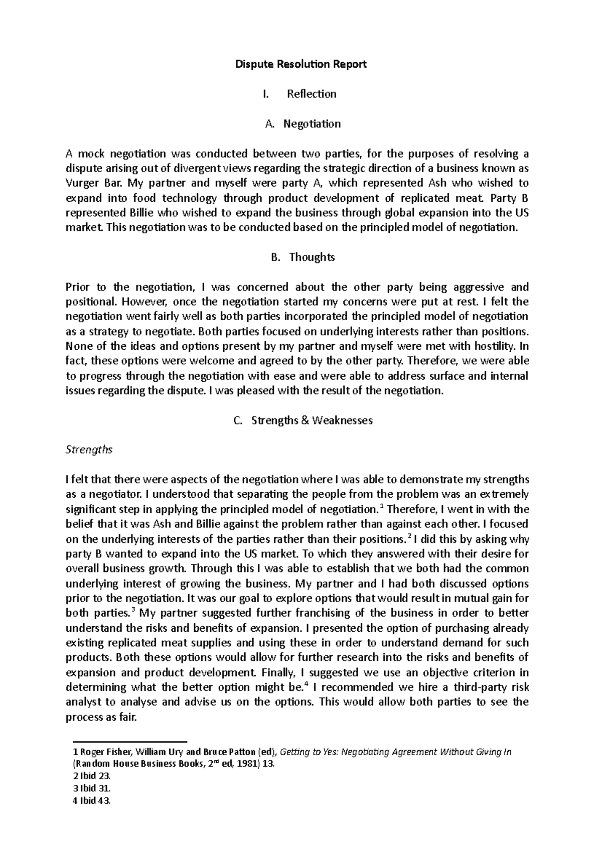 Dispute Resolution Report Reflection on Negotiation - Studocu