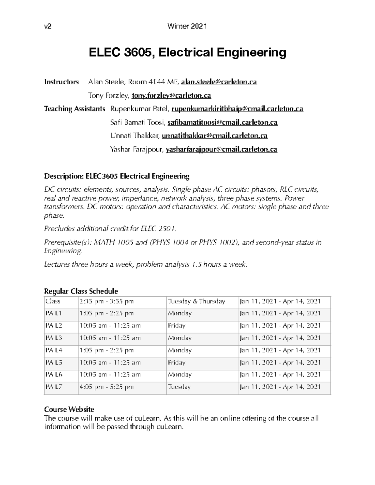 Course Outline - ELEC3605 Outline Winter 2021 2 - ELEC 3605, Electrical ...