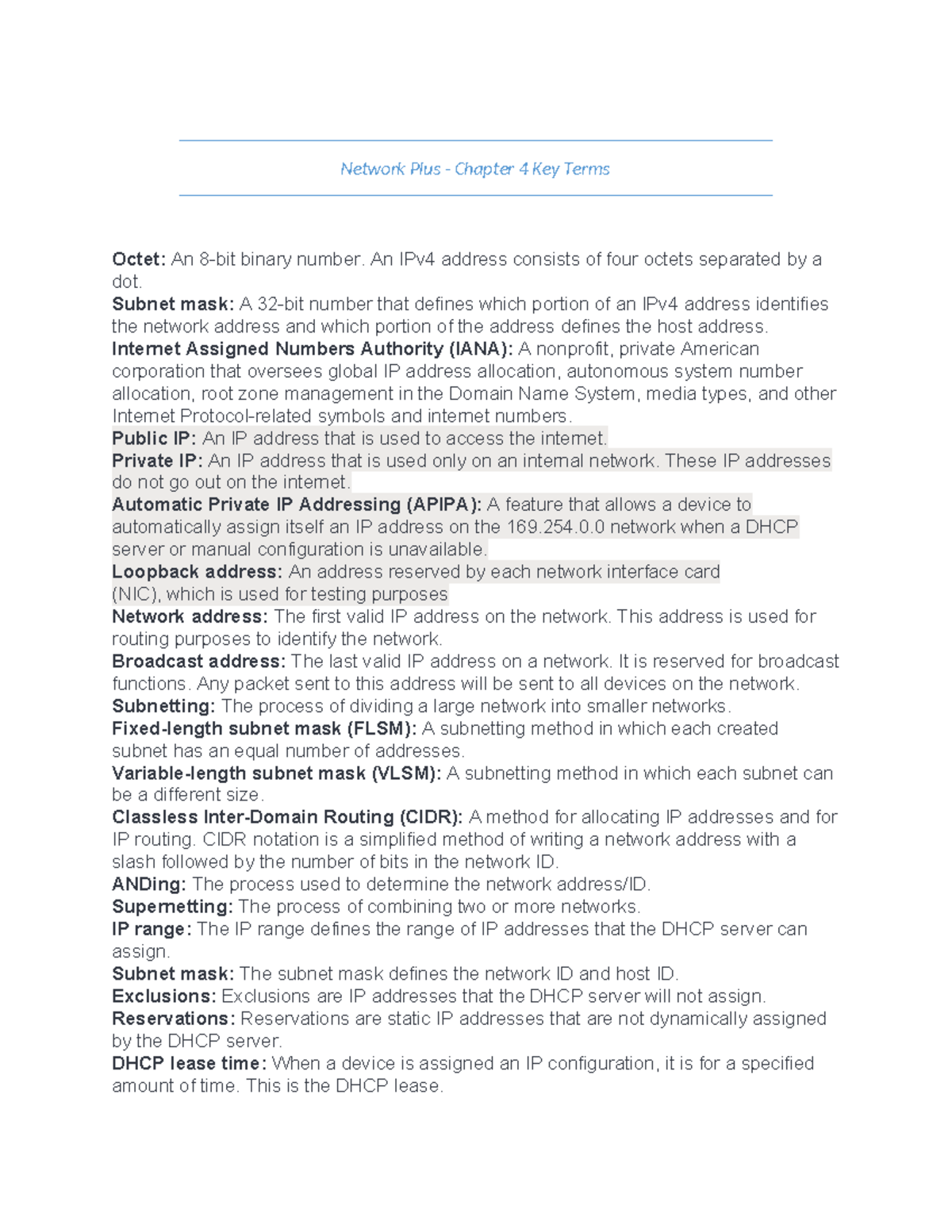 Terms Net Plus Ch 04Net Add Services - Network Plus - Chapter 4 Key ...