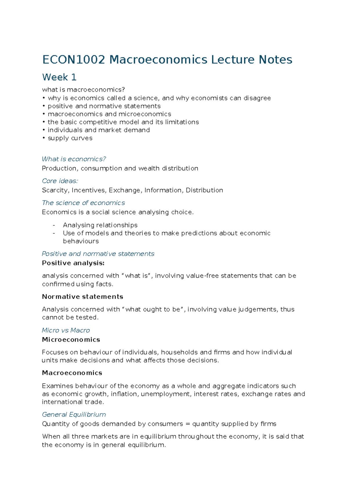 Econ1002 Lecture Notes Econ1002 Macroeconomics Lecture Notes Week 1 What Is Macroeconomics