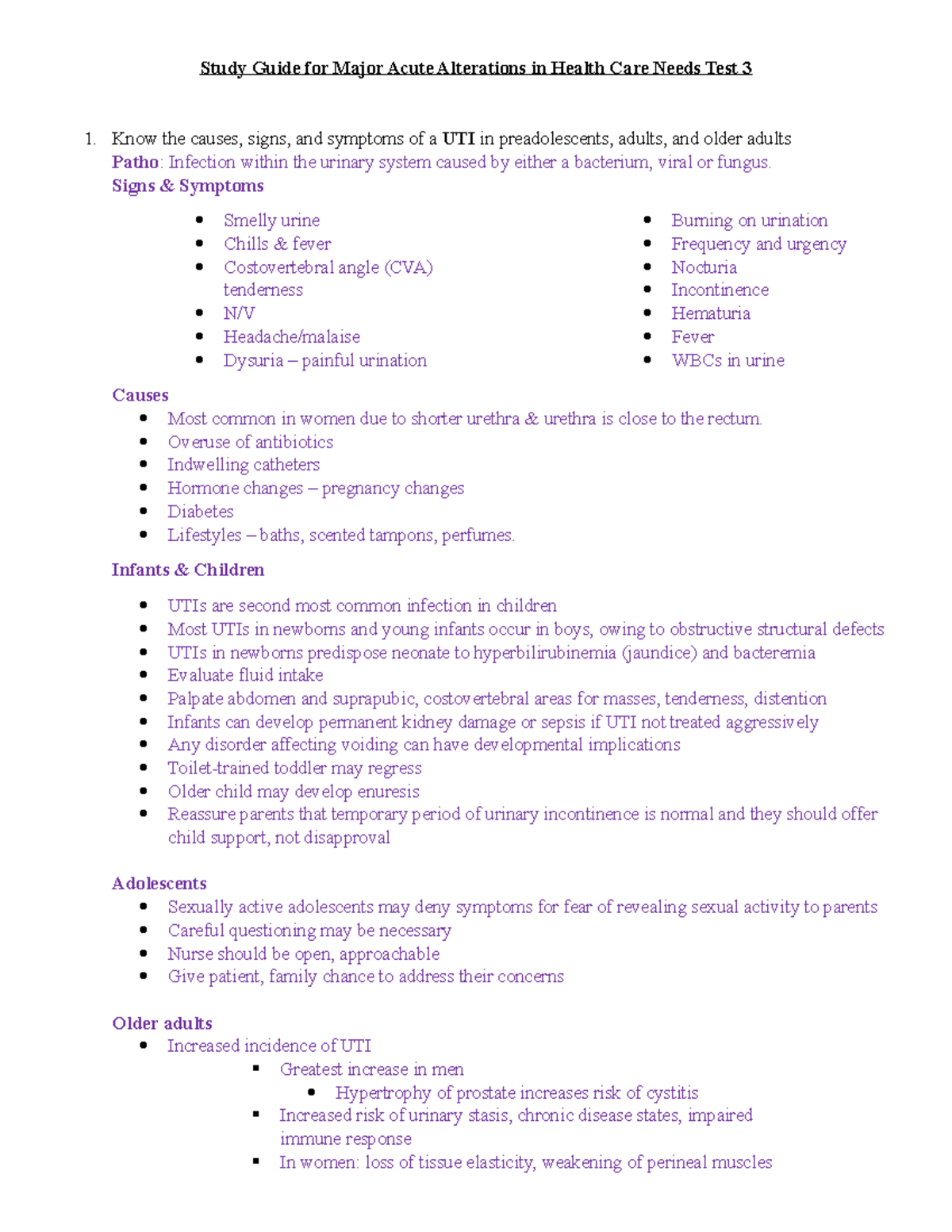 Study Guide for Major Acute Alterations in Health Care Needs Test 3 ...