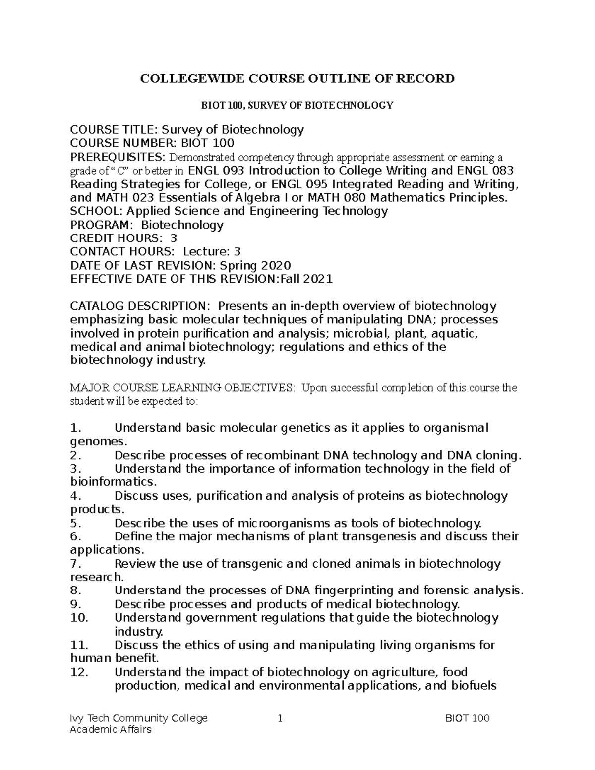 BIOT 100 Survey of Biotechnology Course Description - COLLEGEWIDE ...