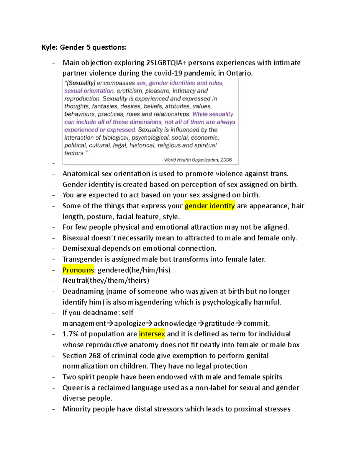 final exam preparation notes - Kyle: Gender 5 questions: Main objection ...