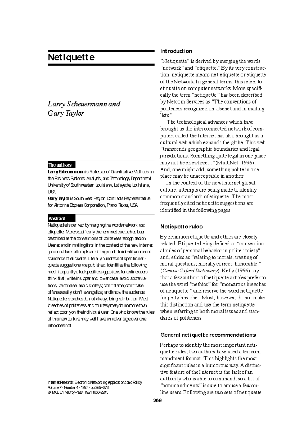 Netiquette - Introduction “N etiquette” is derived by merging the words ...