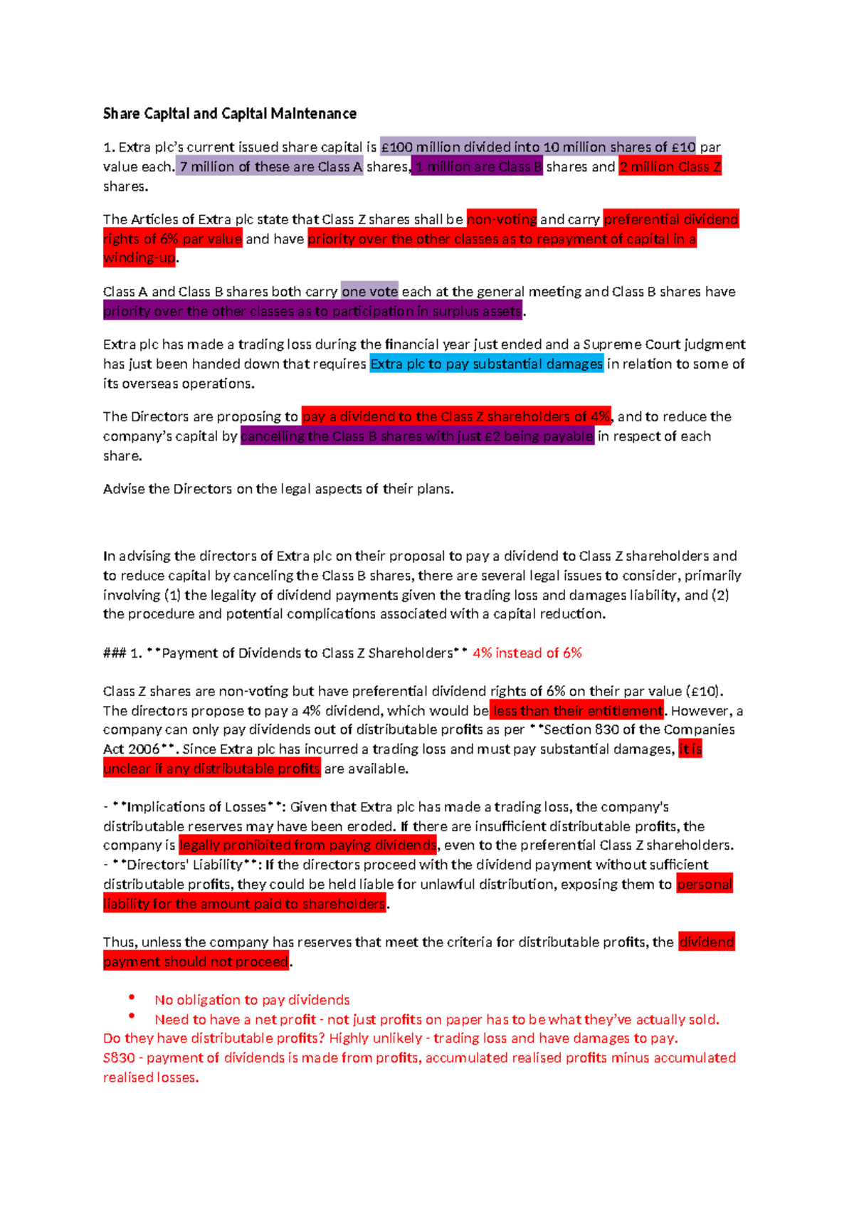 Seminar 3 - Share Capital and Capital Maintenance Extra plc’s current ...
