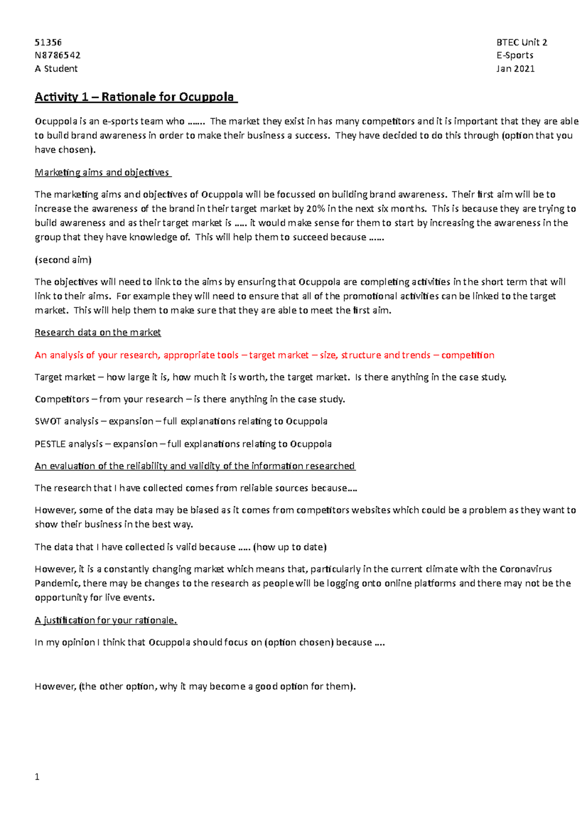 BTEC Exam mock up Unit 2 Market Research Jan 2021 - 51356 BTEC Unit 2 ...