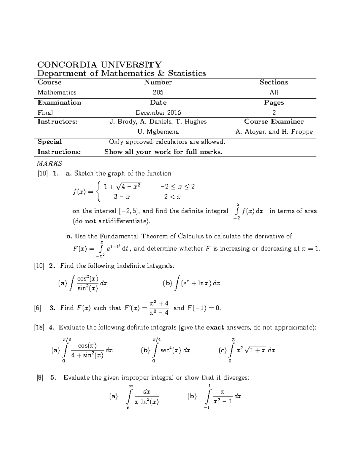 MATH 205 Final Exam - December 2015 - CONCORDIA UNIVERSITY Department ...