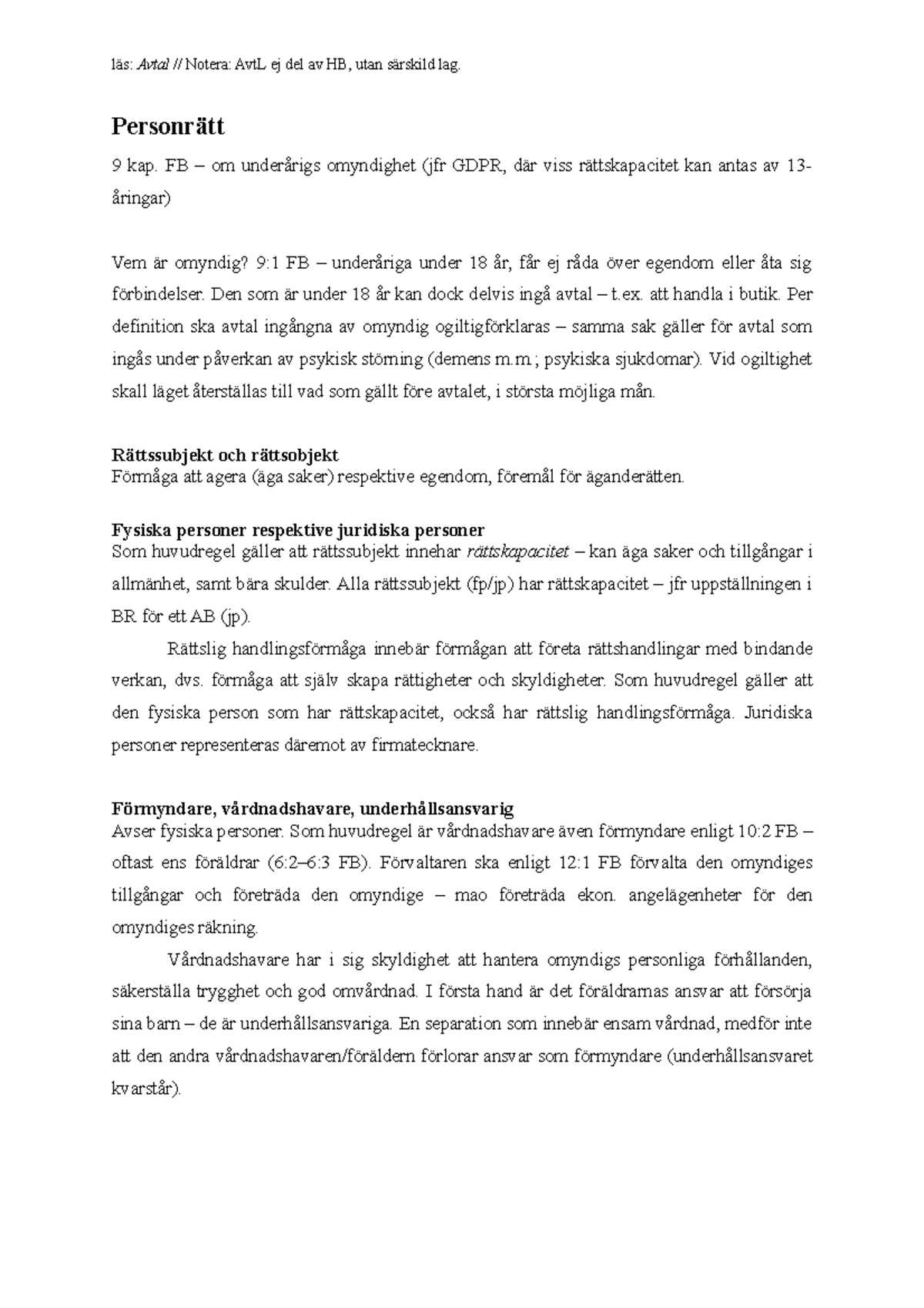 HURB05 – Juridik - Personrätt 9 kap. FB – om underårigs omyndighet (jfr ...