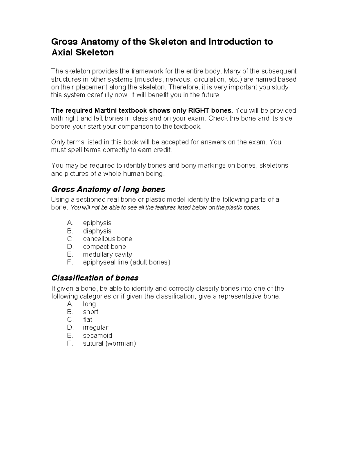 Axial Skeleton List - lab notes - Gross Anatomy of the Skeleton and ...