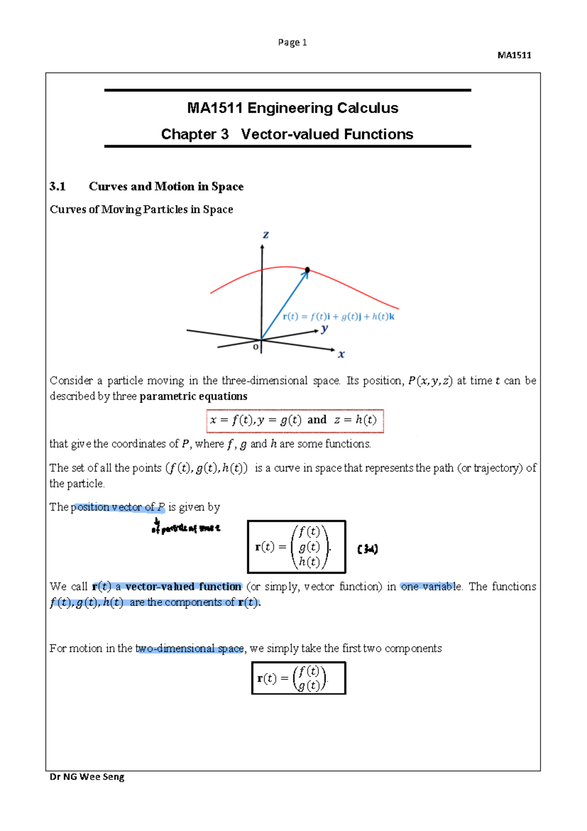 Chapter 3 Vector Valued Functions - MA MA1511 Engineering Calculus ...