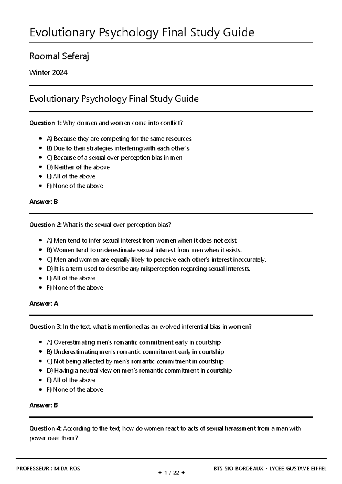 PSY 3030 Evolutionary Psychology Final Exam Practice Exam ...