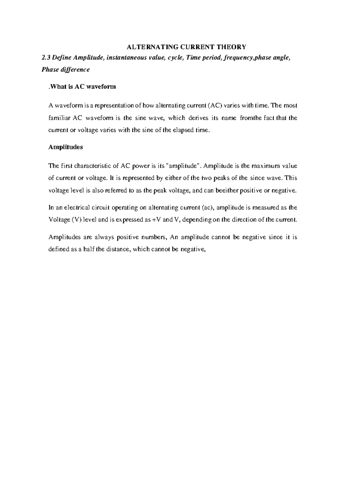 Basic Electrical Part 6- AC Theory 2 - ALTERNATING CURRENT THEORY 2 Define Amplitude ...
