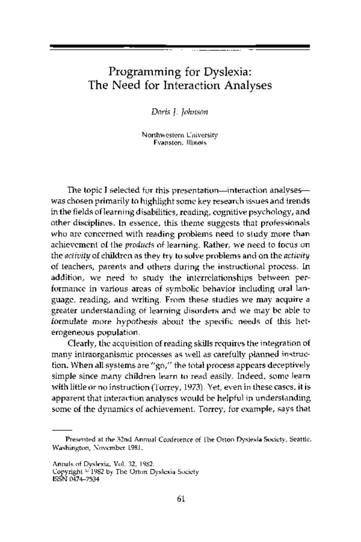 Programming for Dyslexia - Johnson Northwestern University Evanston ...