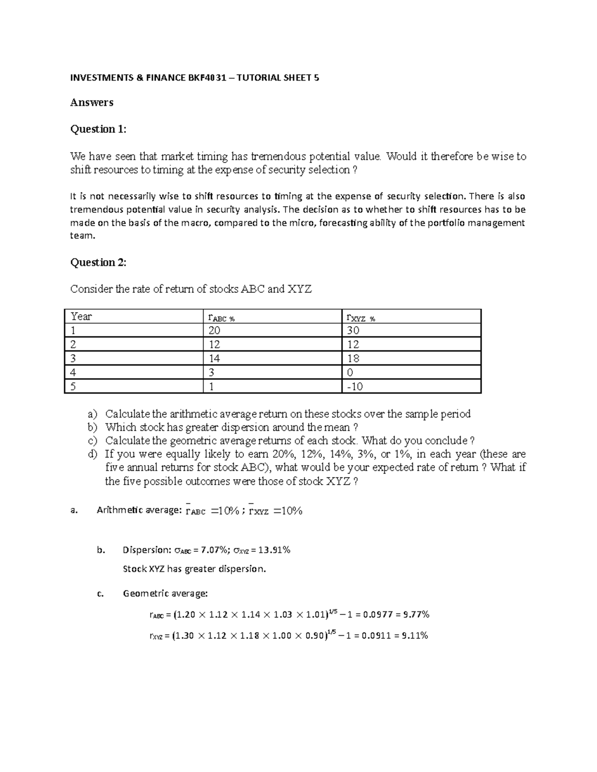 Tutorial 5 answer investment and finance - INVESTMENTS & FINANCE ...