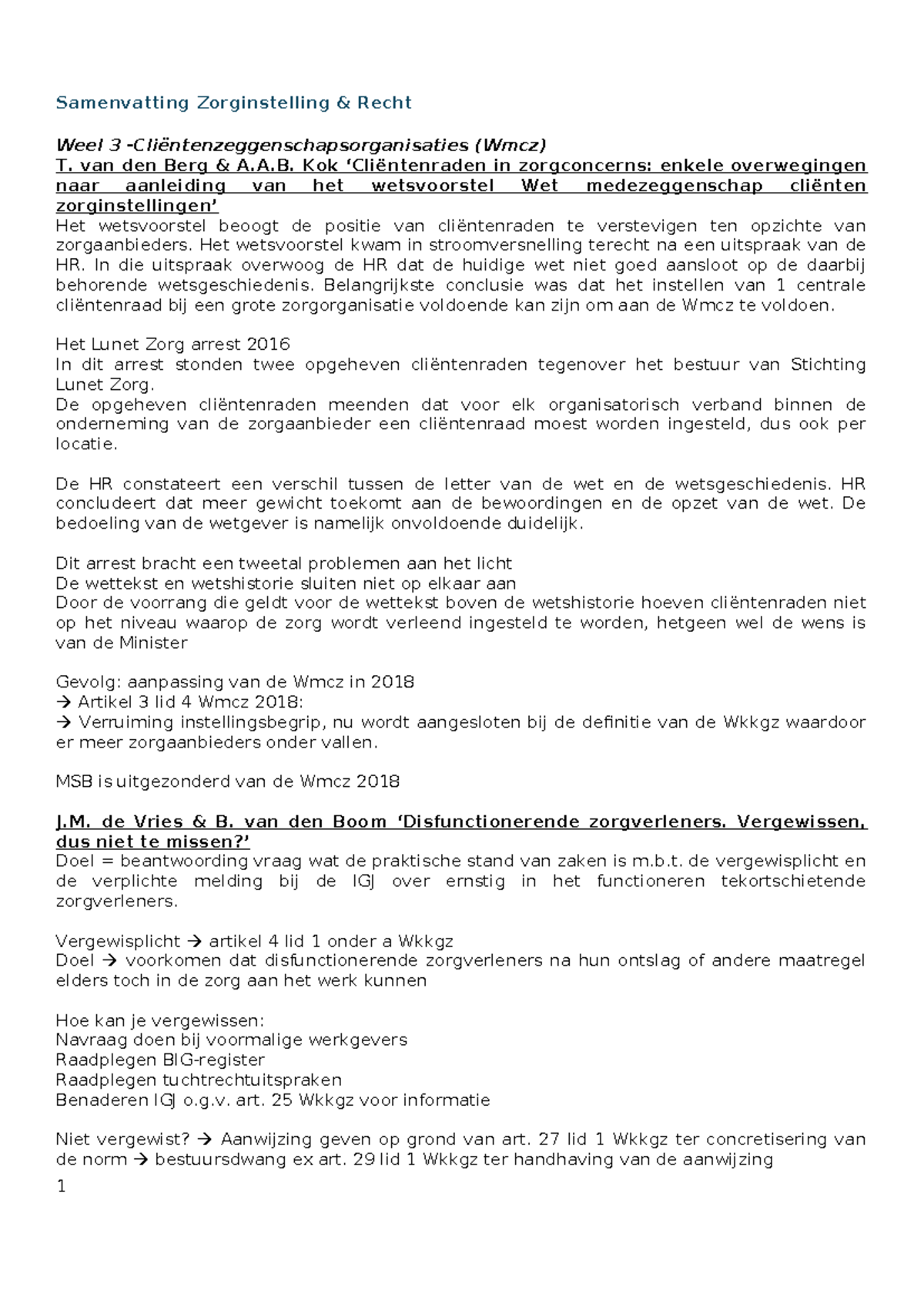 Samenvatting Zorginstelling & Recht - Samenvatting Zorginstelling ...