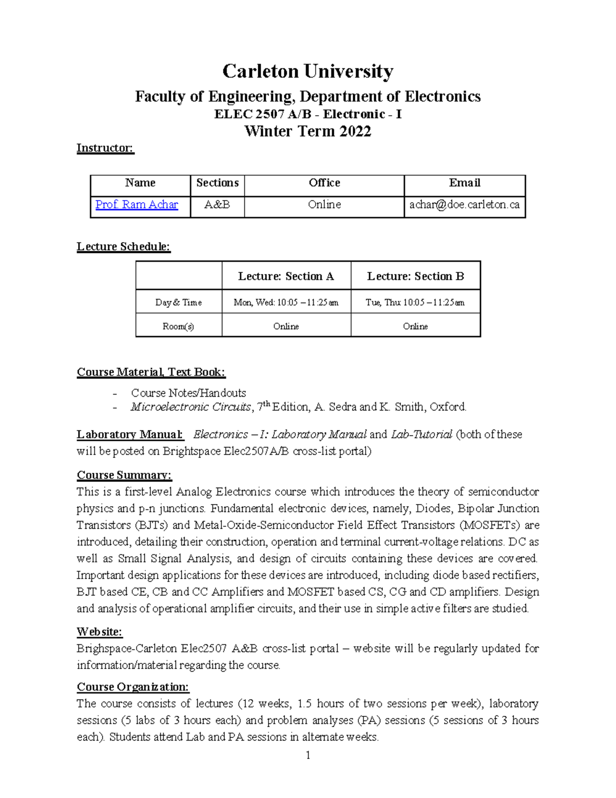Course Outline ELEC2507 2022 - Carleton University Faculty of Engineering, Department of ...
