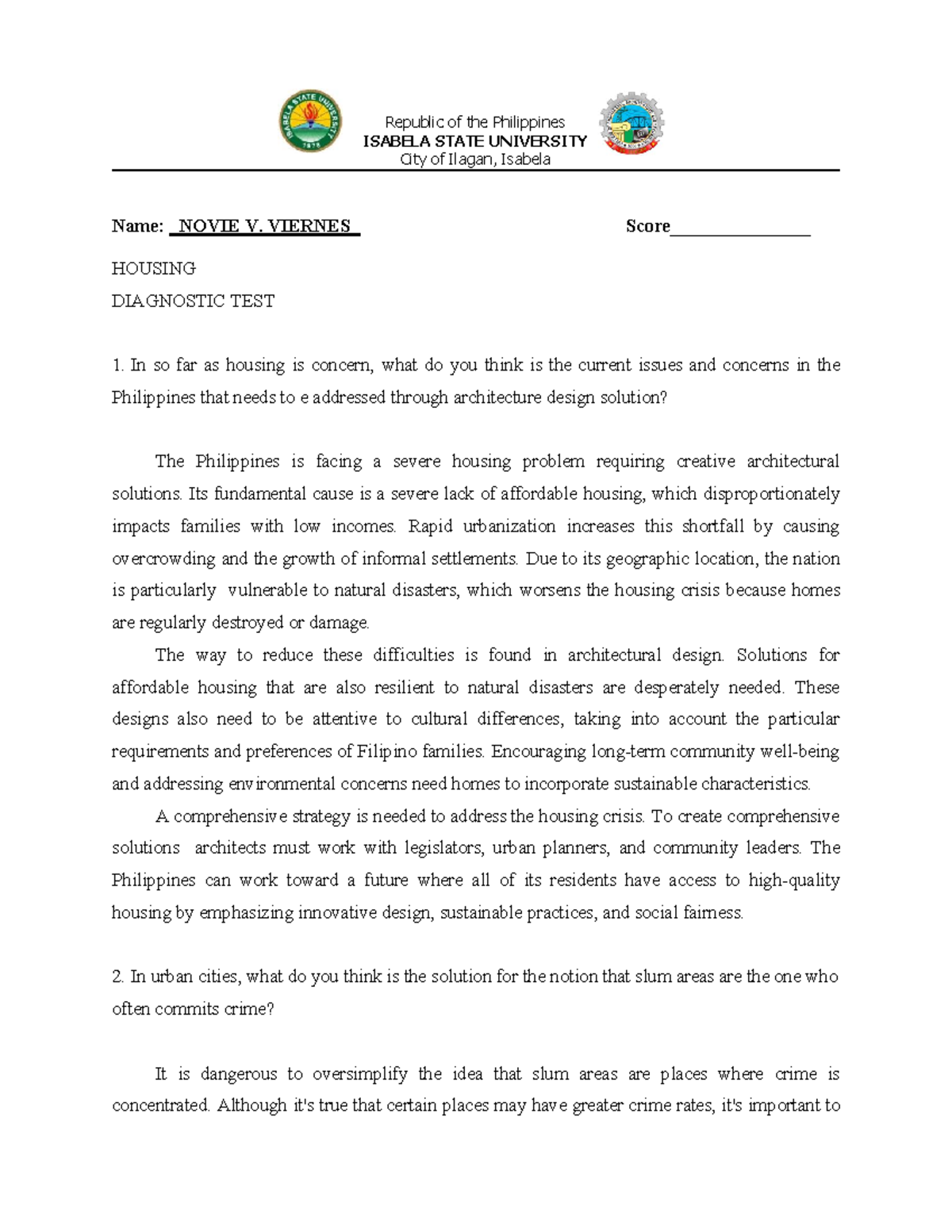 Activity 1- Housing EXAM - Republic of the Philippines ISABELA STATE UNIVERSITY City of Ilagan ...