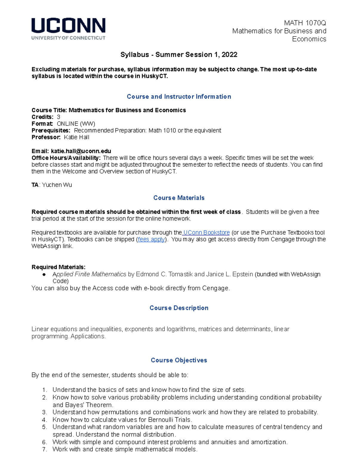 Math 1070Q Syllabus Summer 2022 - MATH 1070Q Mathematics for Business ...