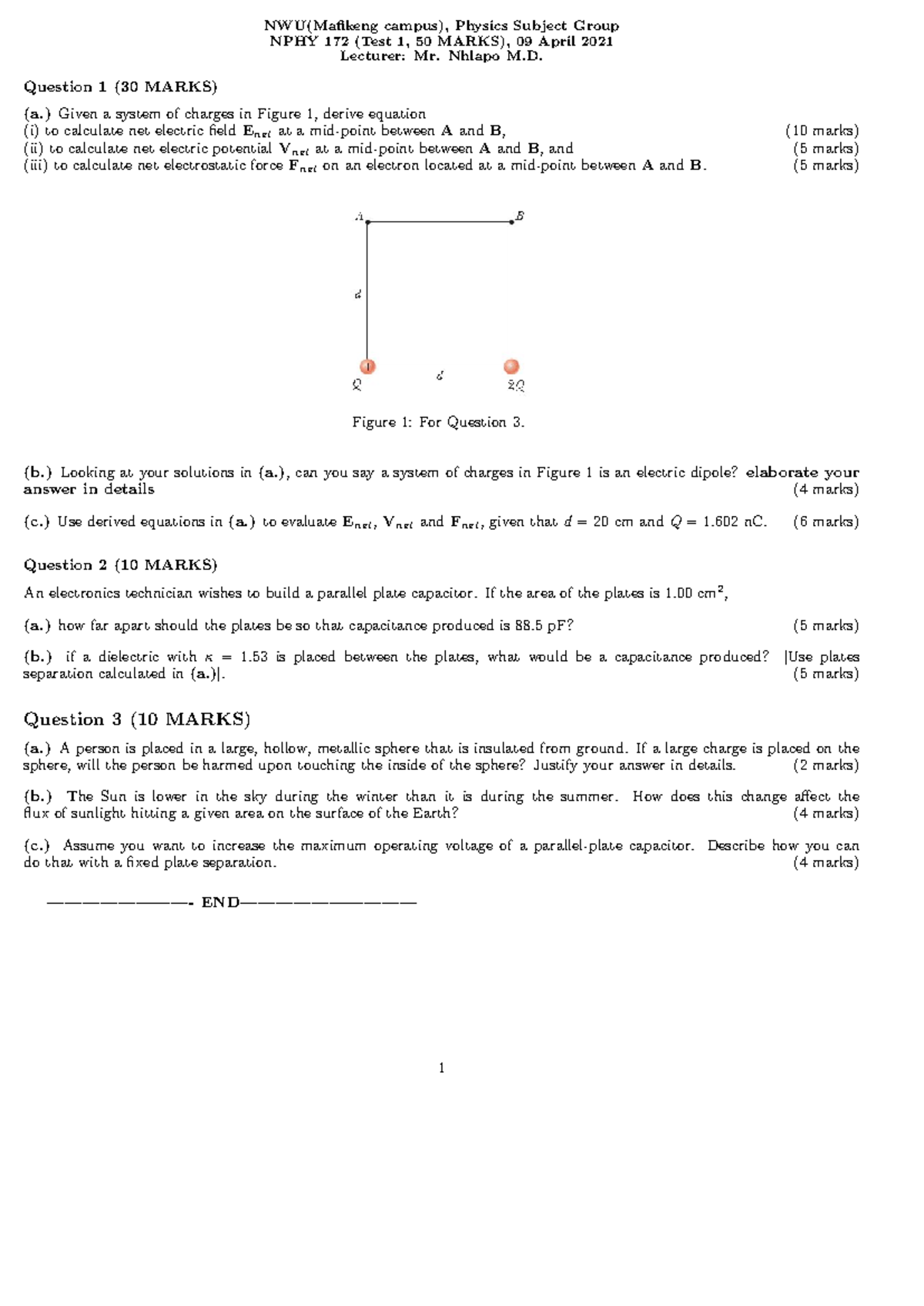 Test1 - Test 1 - NWU(Mafikeng campus), Physics Subject Group NPHY 172 ...
