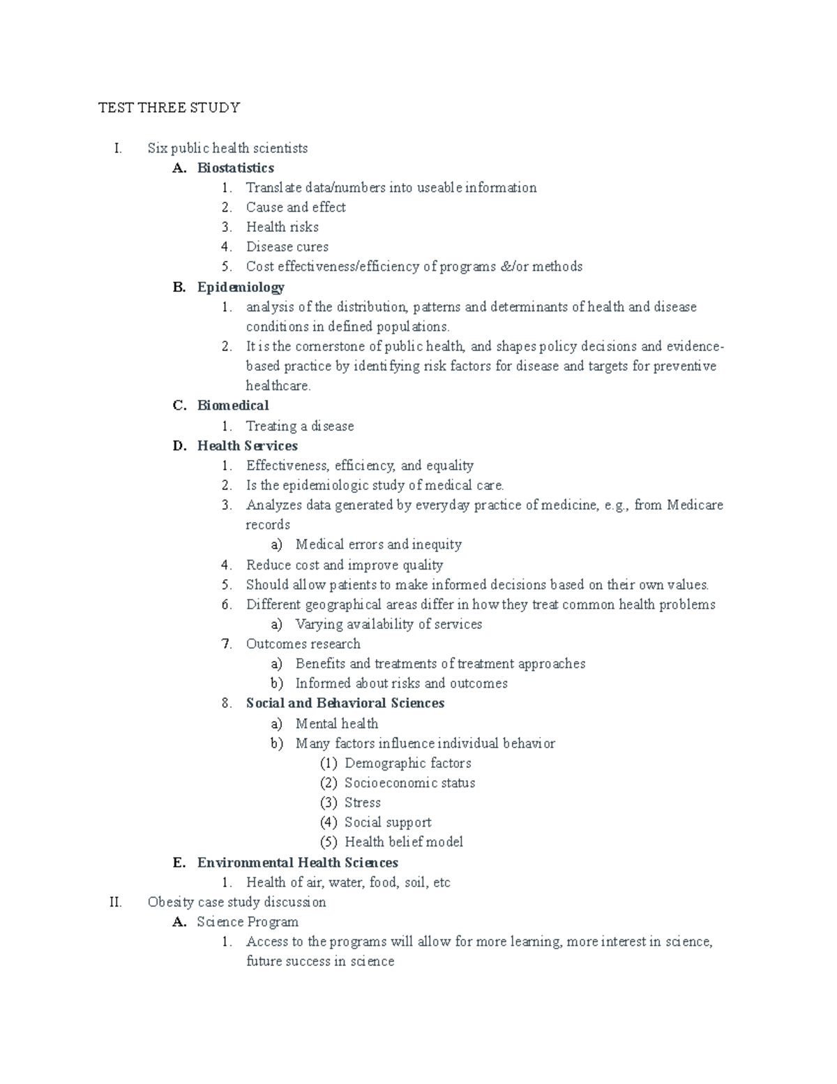 Test Three Study Sheet - TEST THREE STUDY I. Six public health ...