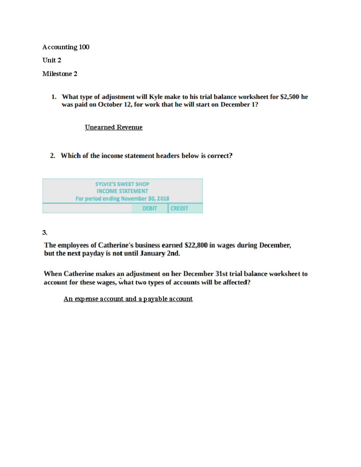 Acct 100 Unit 2 Milestone 2 - Accounting 100 Unit 2 Milestone 2 ...