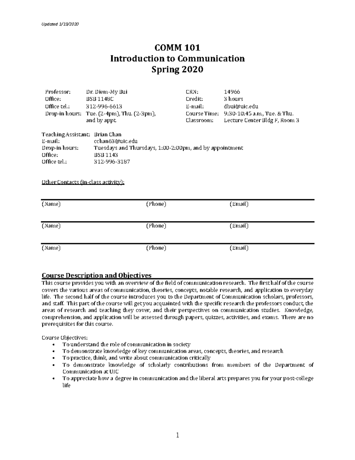 Comm101 syllabus - COMM Introduction to Communication Spring Professor ...