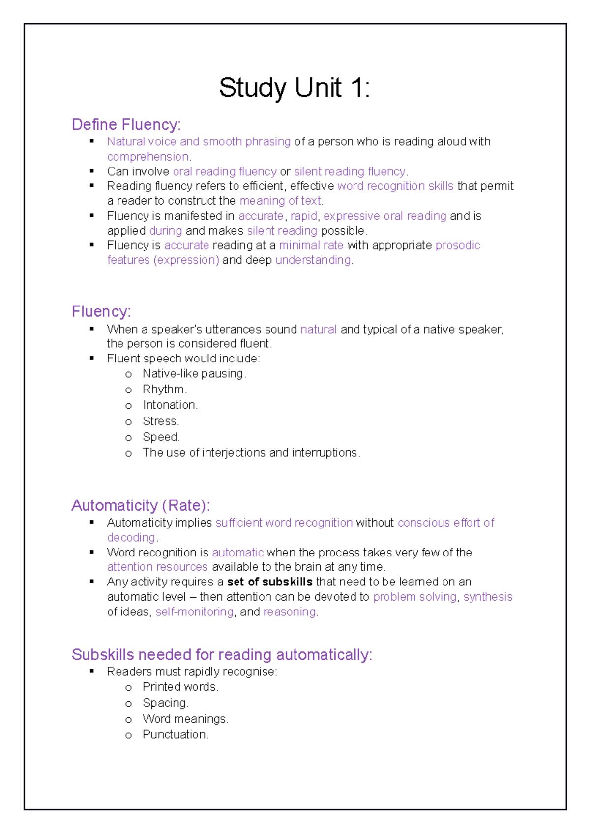 Study Unit 1 - Can involve oral reading fluency or silent reading ...