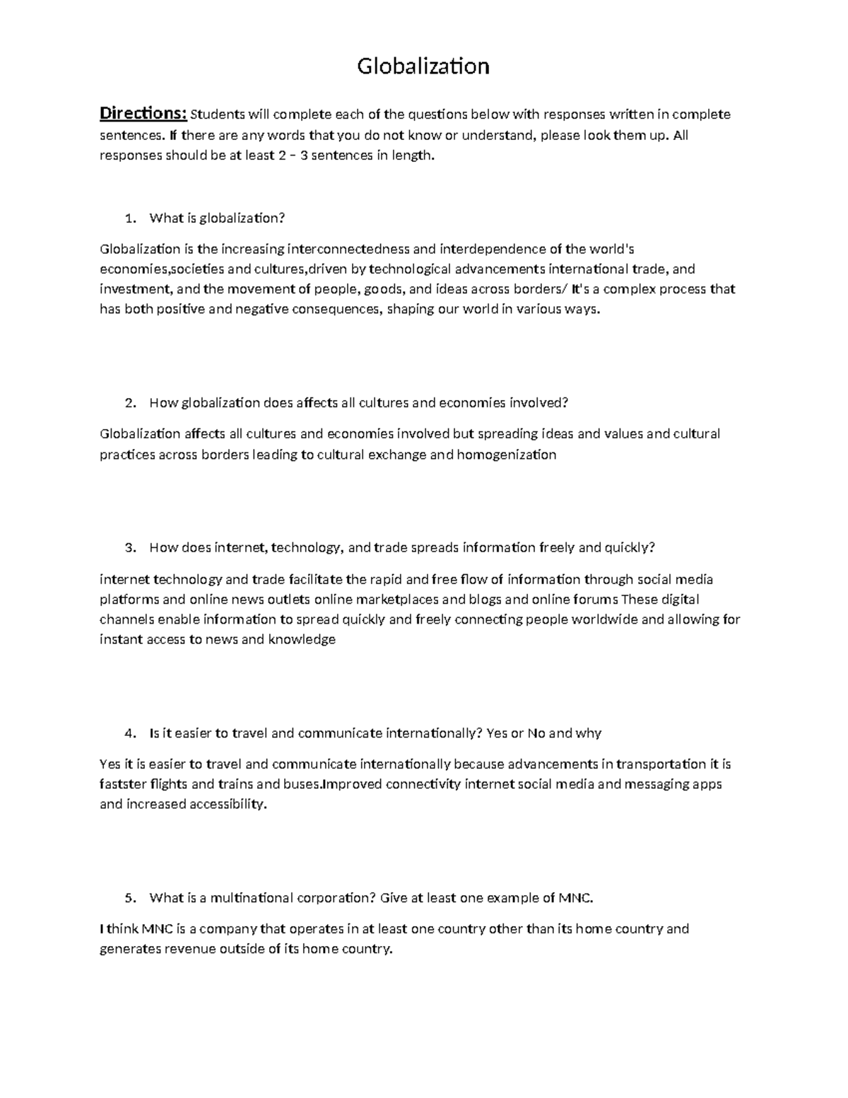 Globalization Worksheet - Globalization Directions: Students will ...
