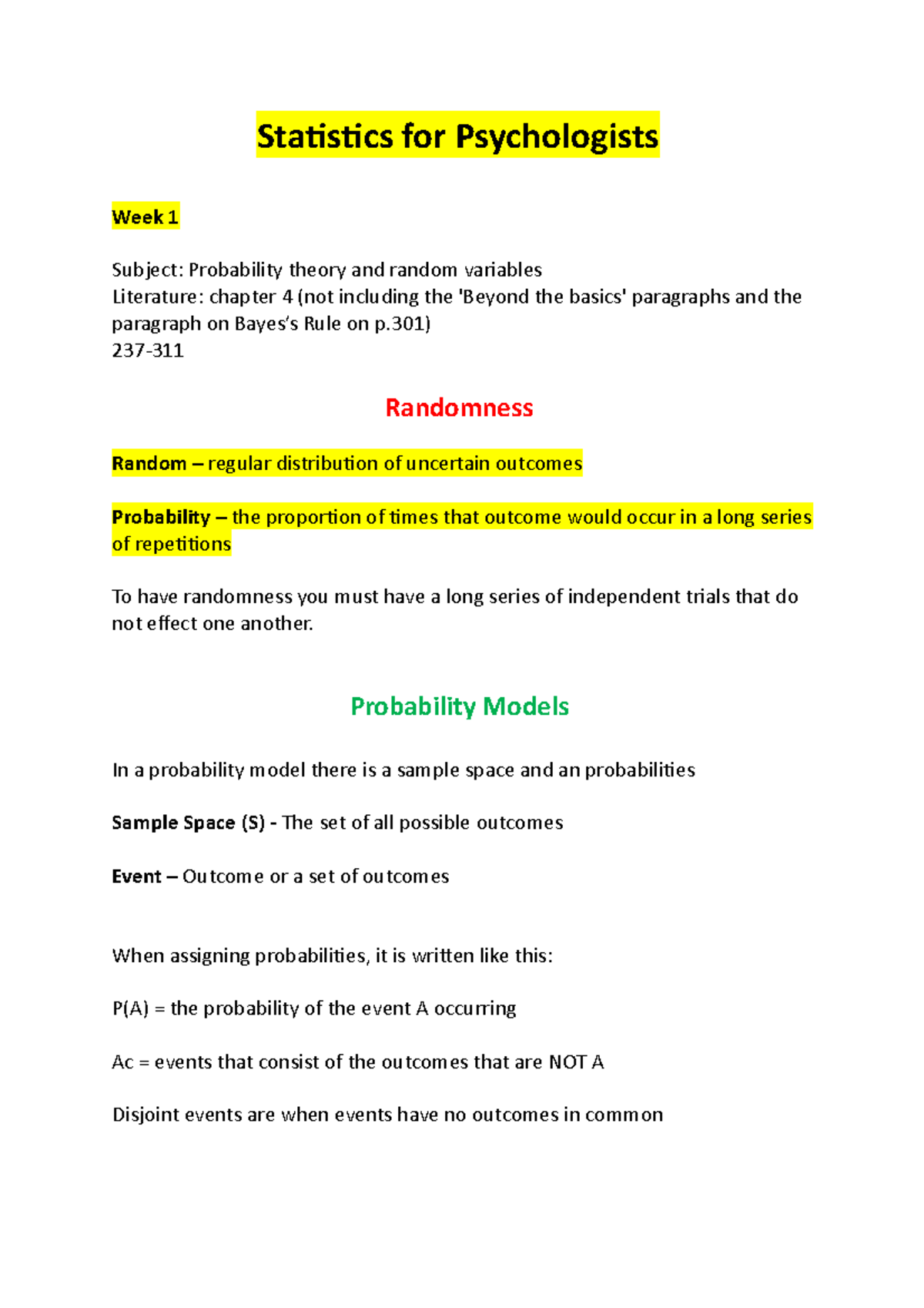 Statistics for Psychologists - Probability Models In a probability ...