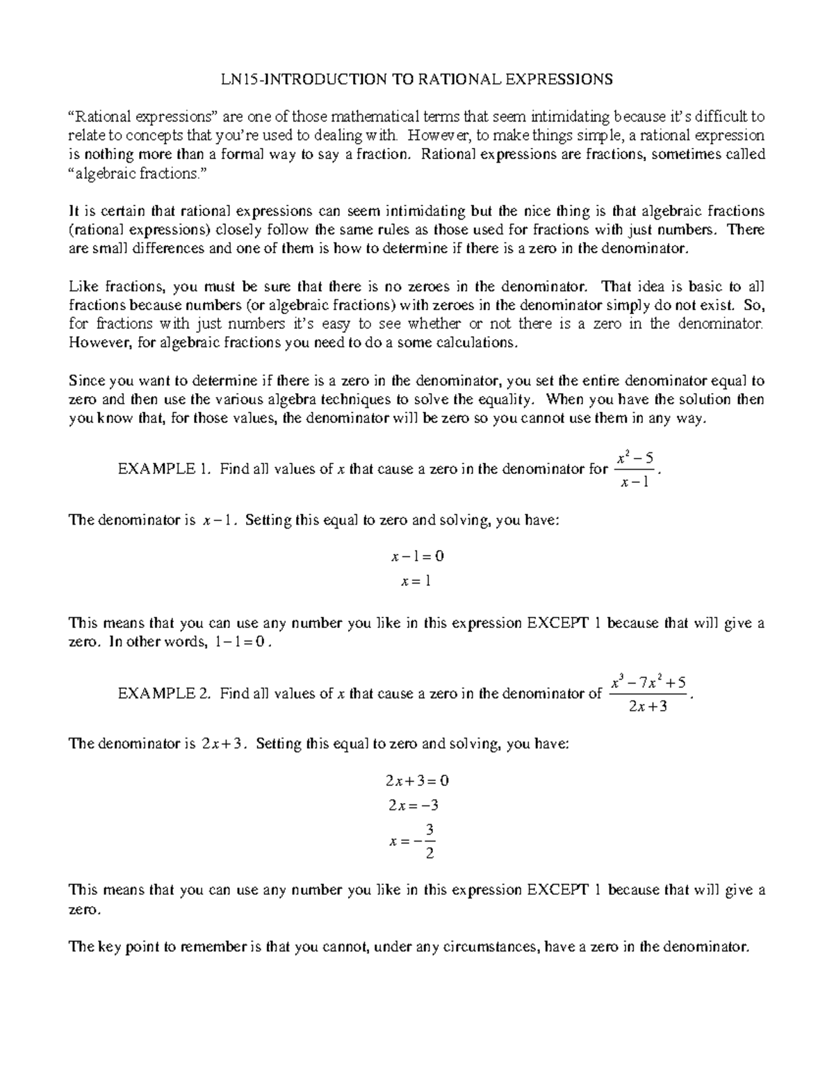 LN15- Introduction to Rational Expressions - LN15-INTRODUCTION TO RATIONAL EXPRESSIONS “Rational ...
