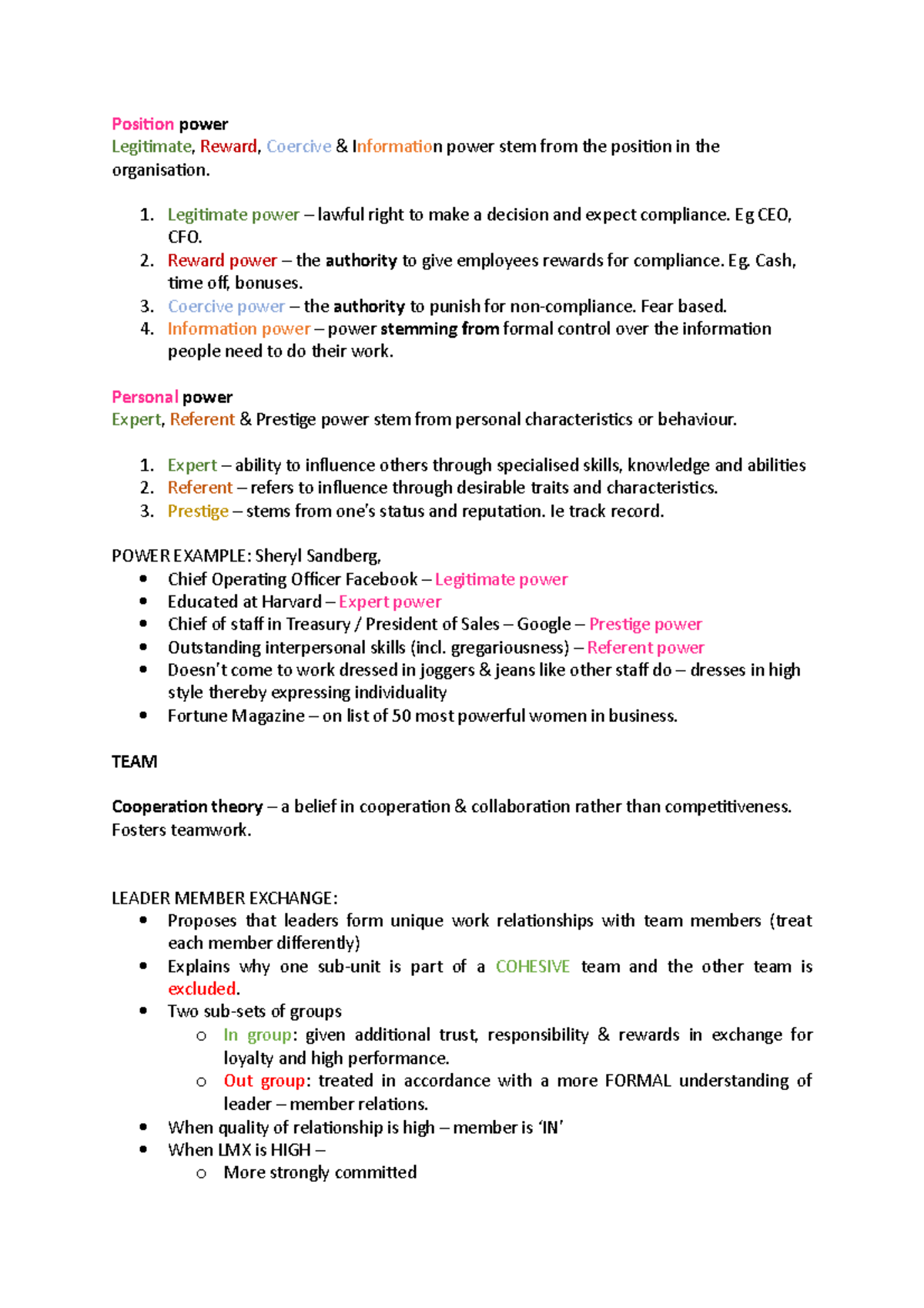 Leadership Study Notes - Position power Legitimate, Reward, Coercive ...
