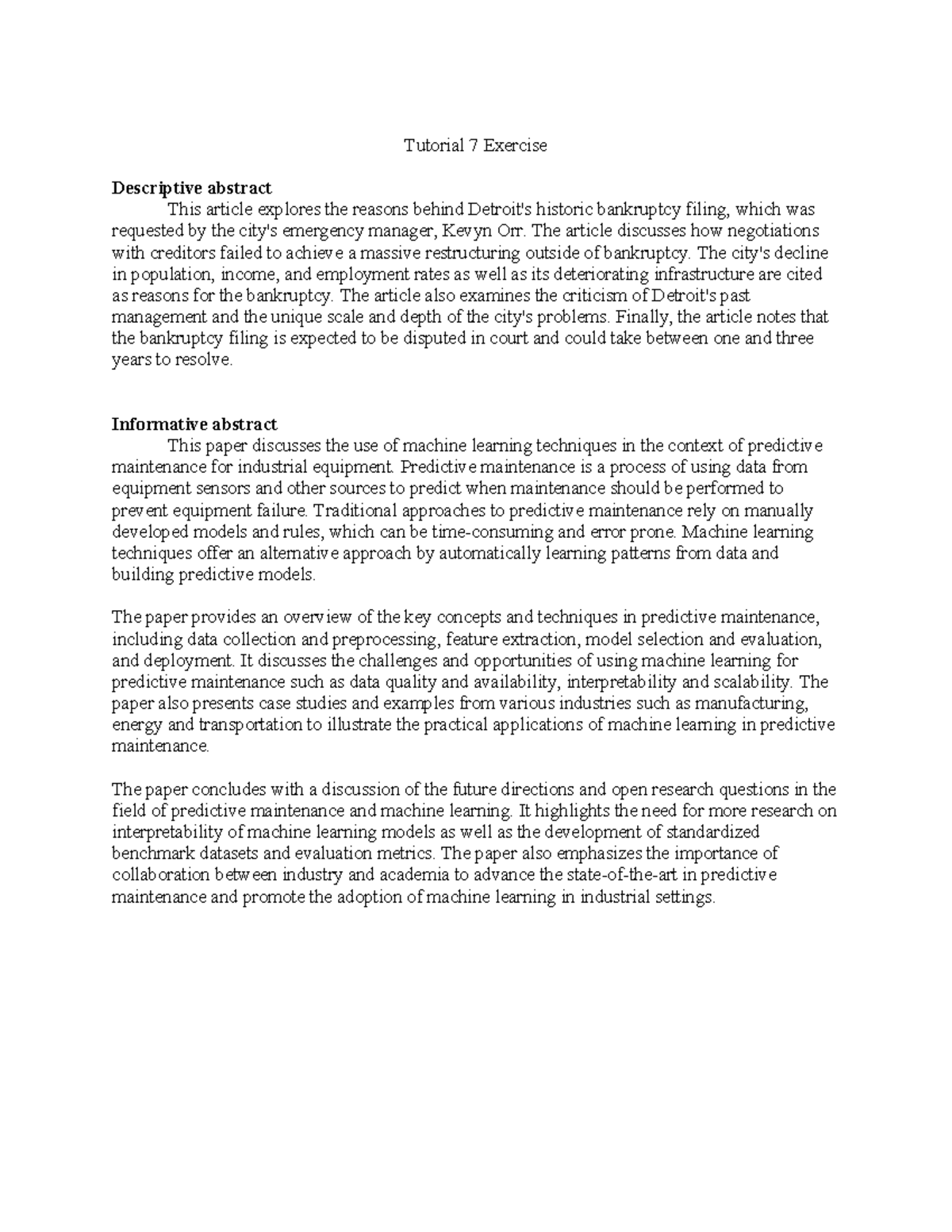 Tutorial 7 excersice - Tutorial 7 Exercise Descriptive abstract This ...