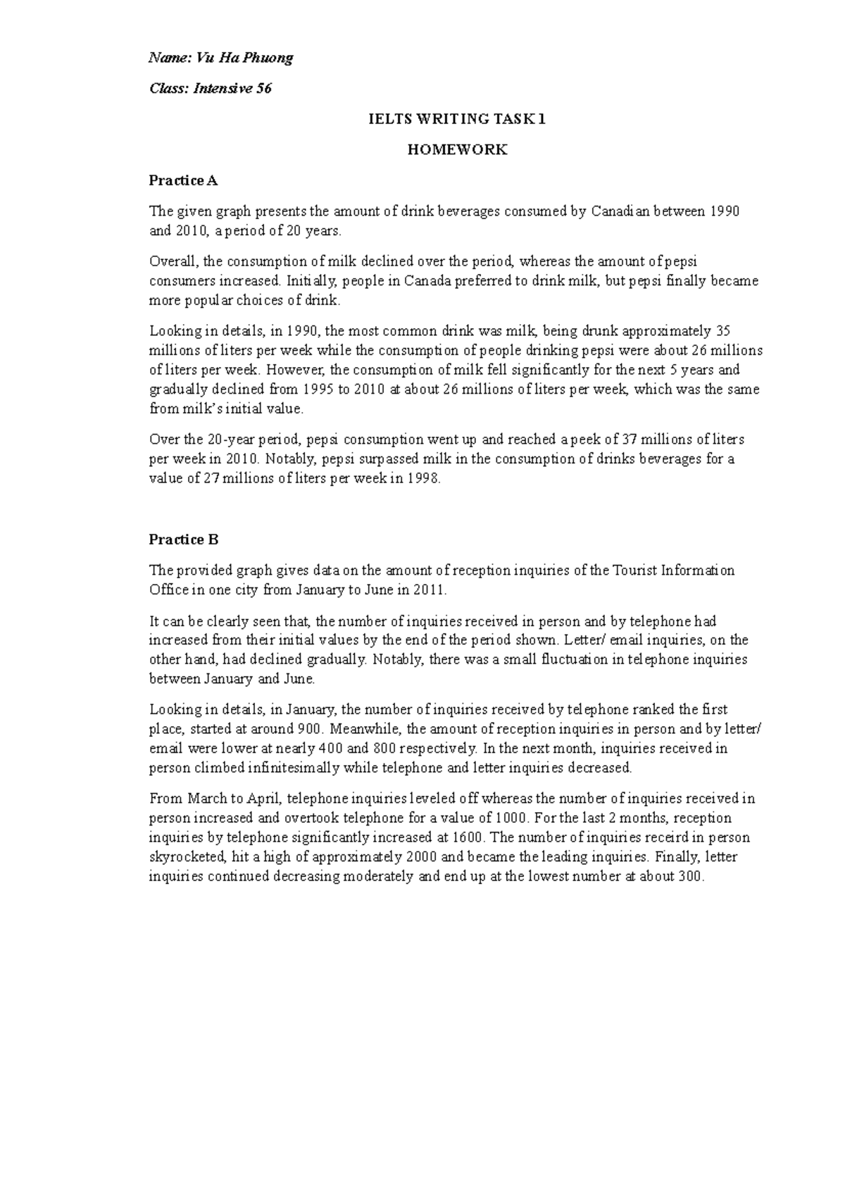 Lesson 1 IW Task 1 - IELTs task 1 - Name: Vu Ha Phuong Class: Intensive ...