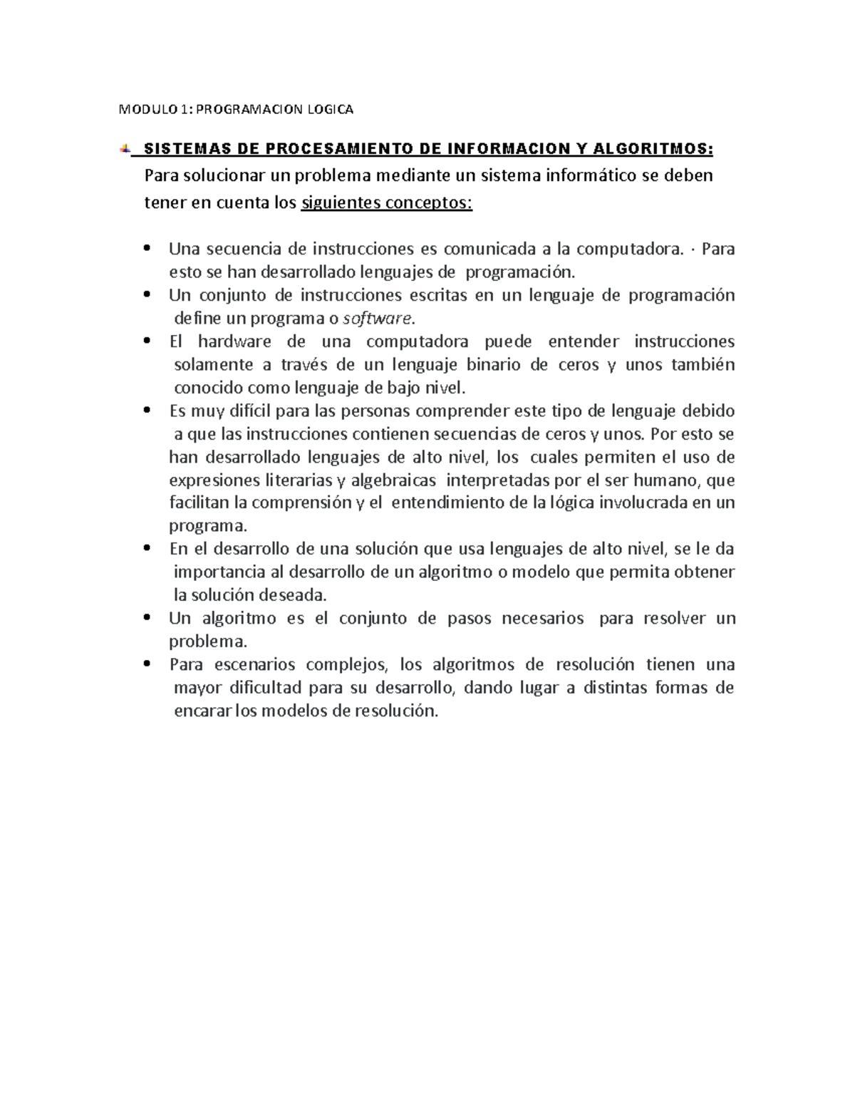 Modulo 1 Lectura N° 1 Programacion - MODULO 1: PROGRAMACION LOGICA SISTEMAS DE PROCESAMIENTO DE ...