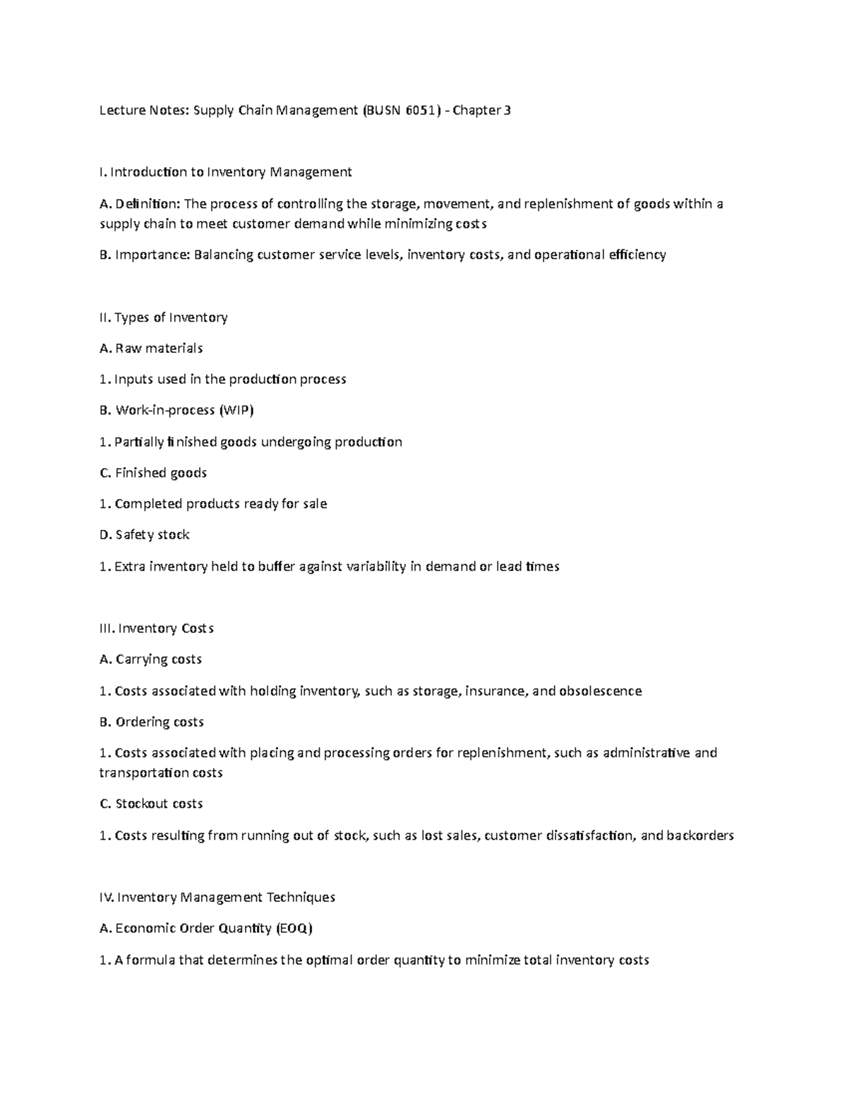 Supply Chain Management (BUSN 6051) - Chapter 3 - Lecture Notes: Supply ...