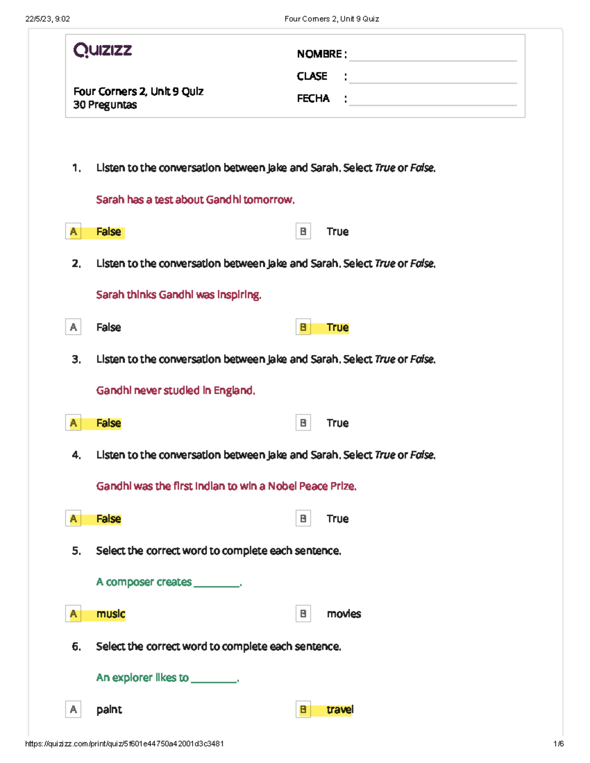 Four Corners 2, Unit 9 Quiz - Four Corners 2, Unit 9 Quiz 30 Preguntas ...