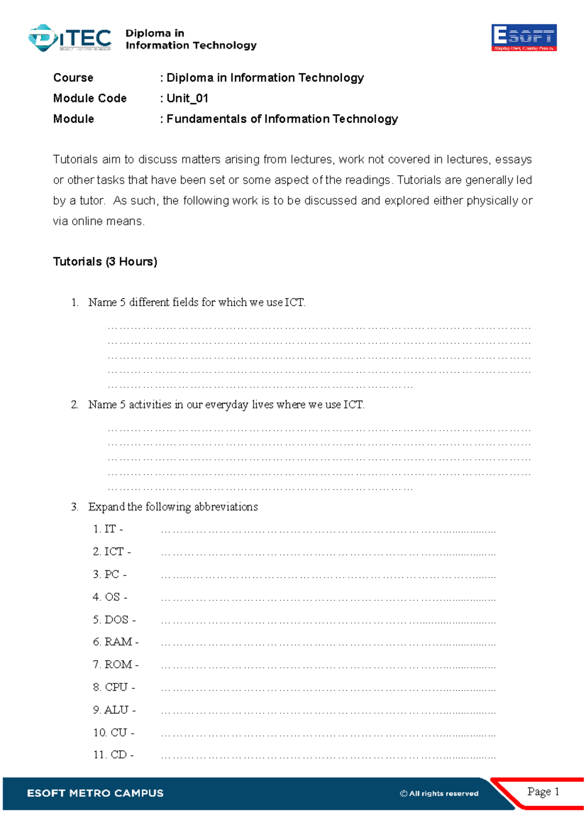 Ditec Tutorial 1 - self study - Course : Diploma in Information Technology Module Code : Unit ...