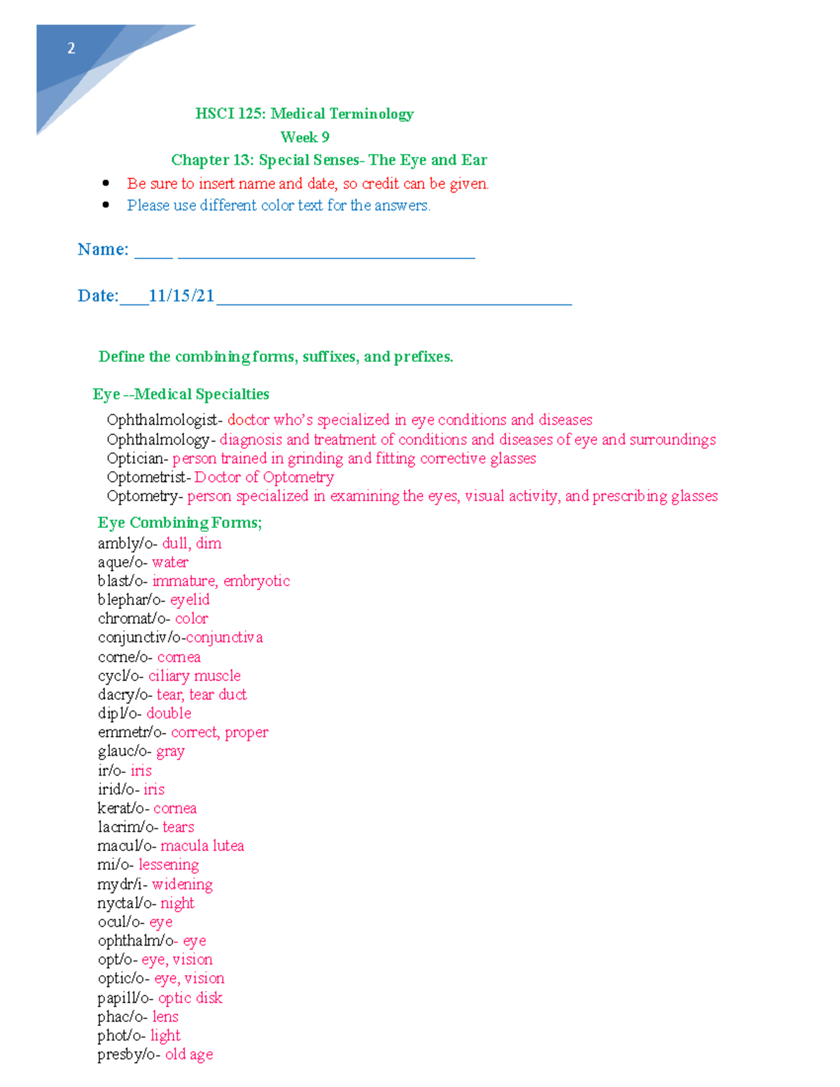 Medical Terminology- Week 9 Assignment - 2 HSCI 125: Medical ...