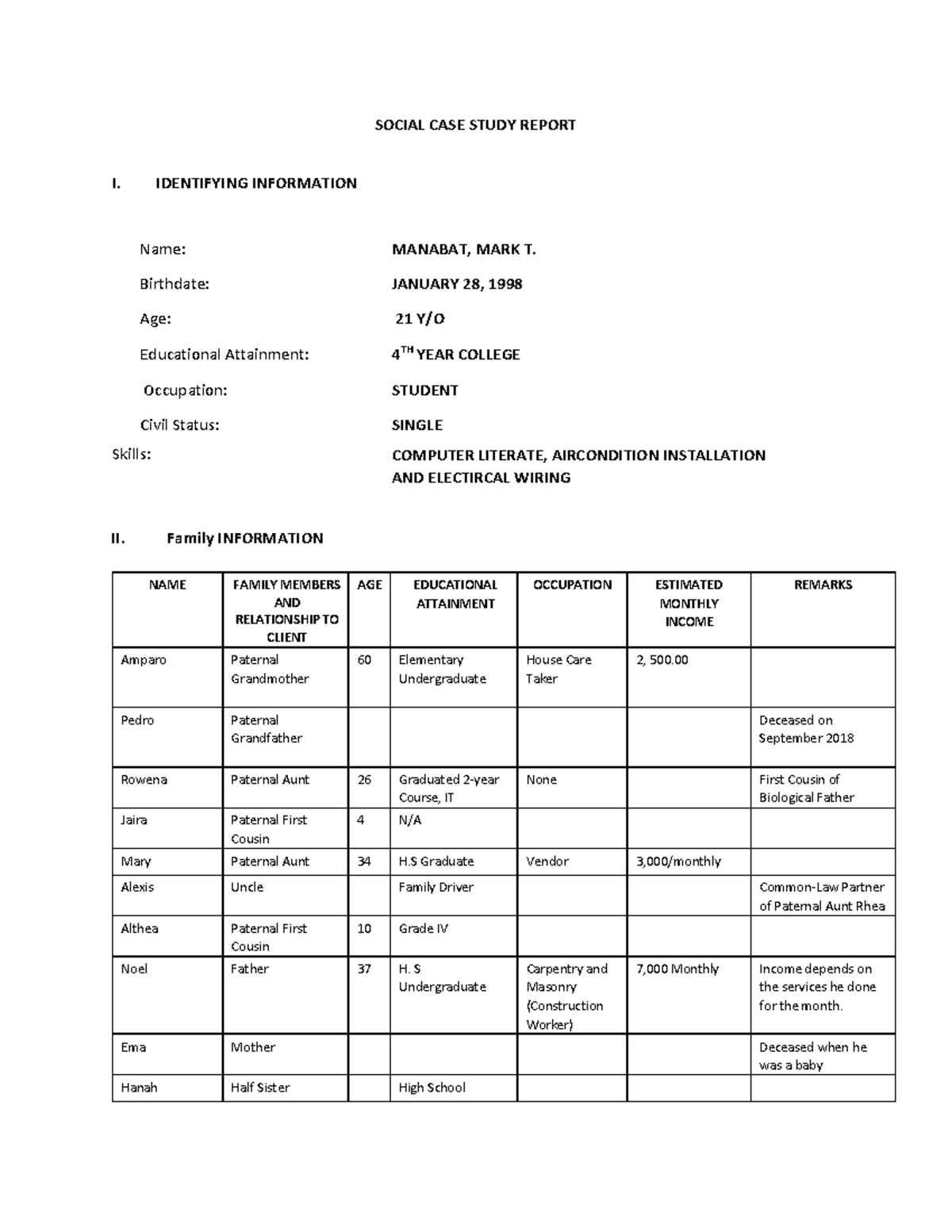 1 SCSR Sample COPY - copy - SOCIAL CASE STUDY REPORT I. IDENTIFYING ...
