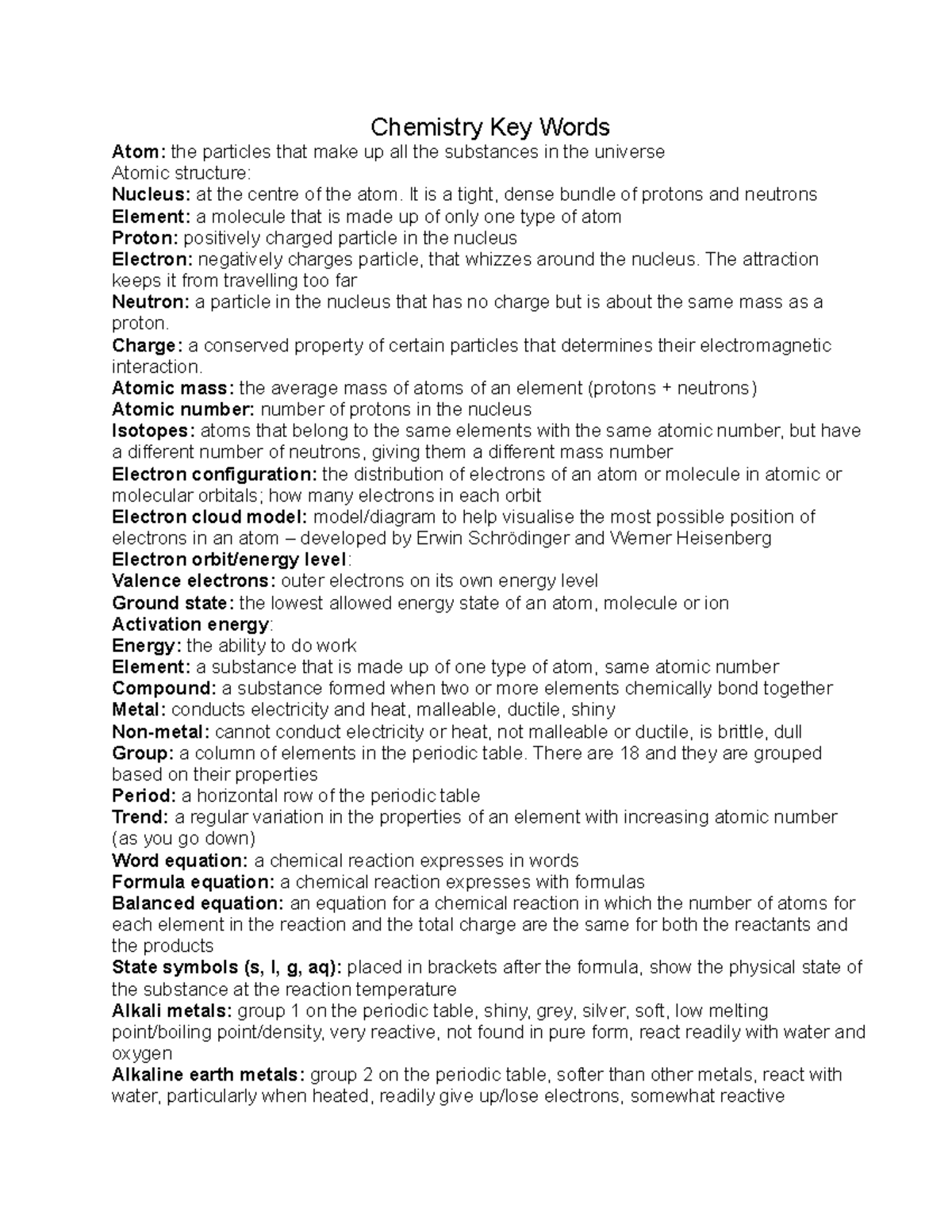 Chemistry Key Words - Lecture notes 1 - Chemistry Key Words Atom: the ...