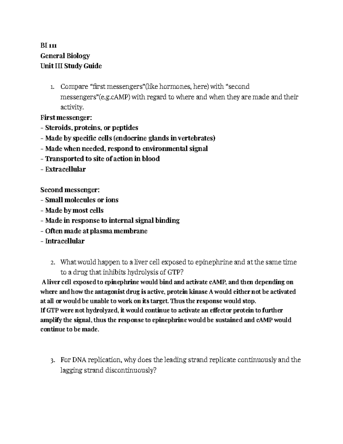 BIO III Study Guide - BI 111 General Biology Unit III Study Guide ...