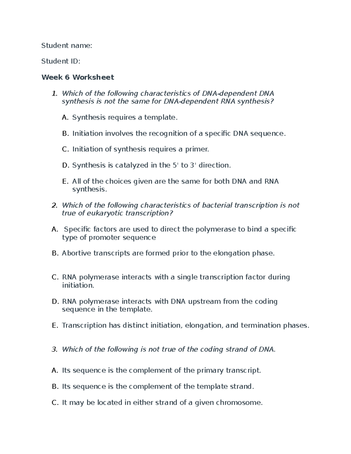 Week 6 worksheet - Midterm week work out problems - Student name ...