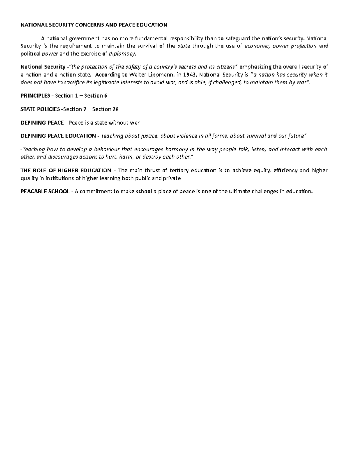 National Security Concerns AND Peace Education - NATIONAL SECURITY ...